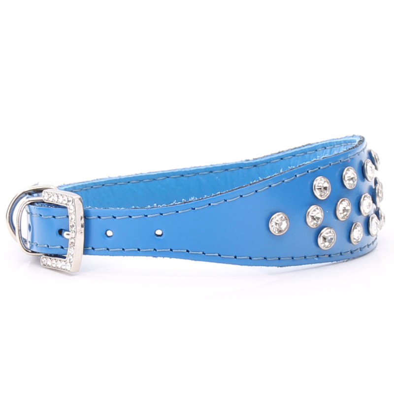 Blue Luxury Crystal Leather Poodle Collar