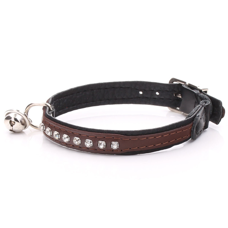 Crystalised Brown Leather Cat Collar
