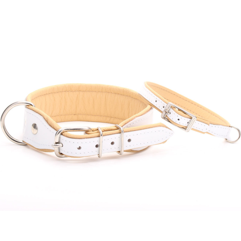 White & Beige Leather Dog Collar - Personalised with Name