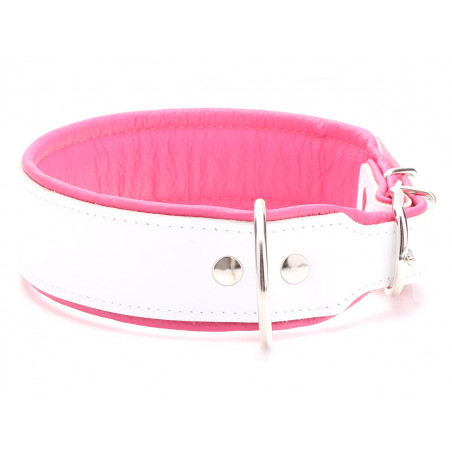 Wide White Leather Dog Collar with Pink Padded Layer