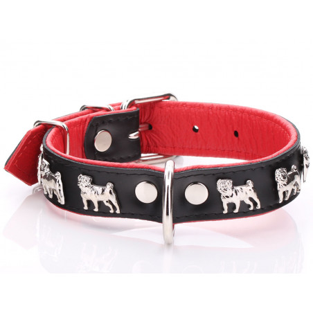 Genuine Padded Black & Red Leather Pug Collar