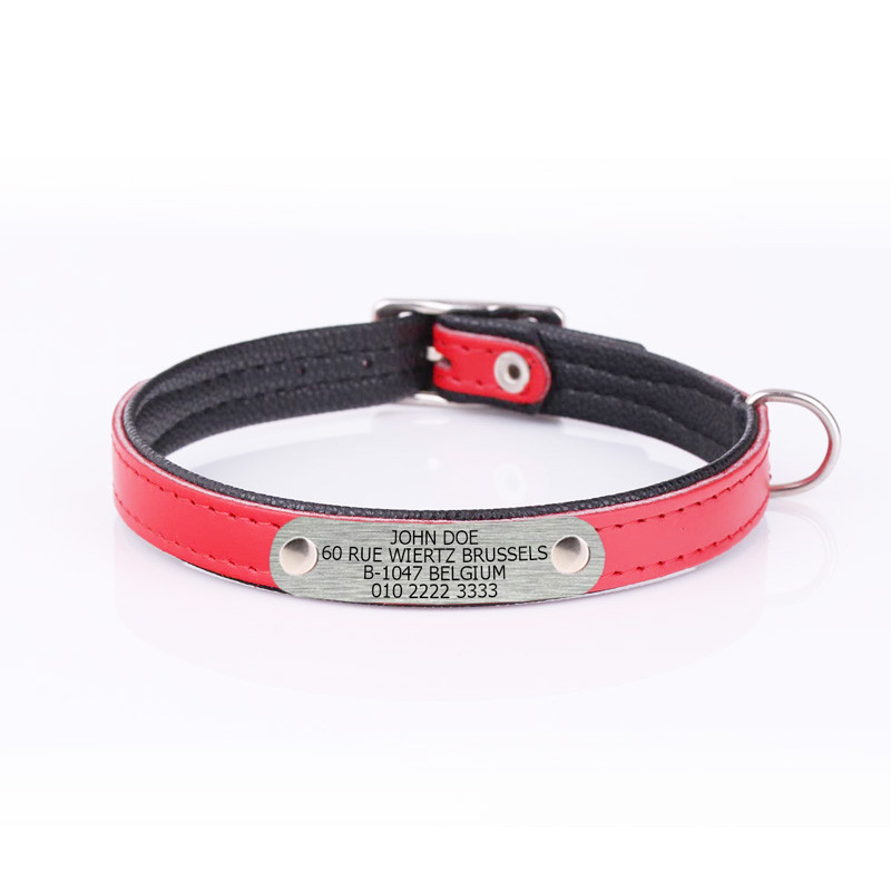 Personalised Red Leather Dog Collar with Nameplate