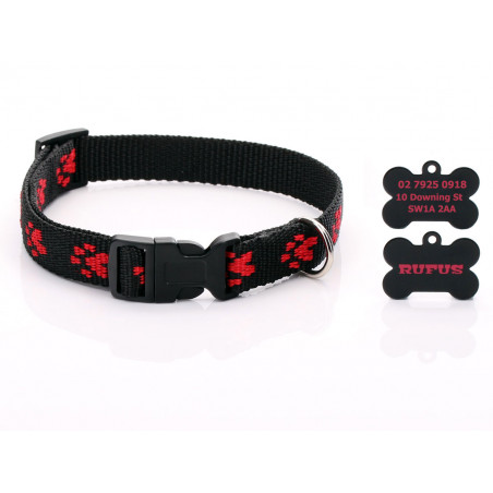 Black Paw Print Dog Collar with Matching Tag