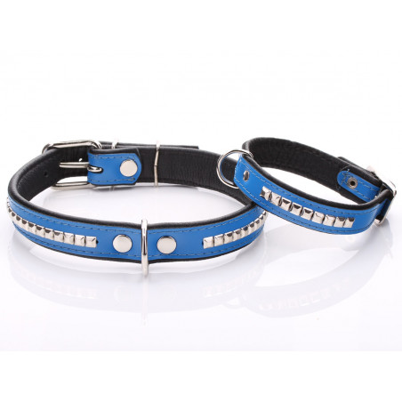 Blue Leather Dog Collar with Metal Hardware