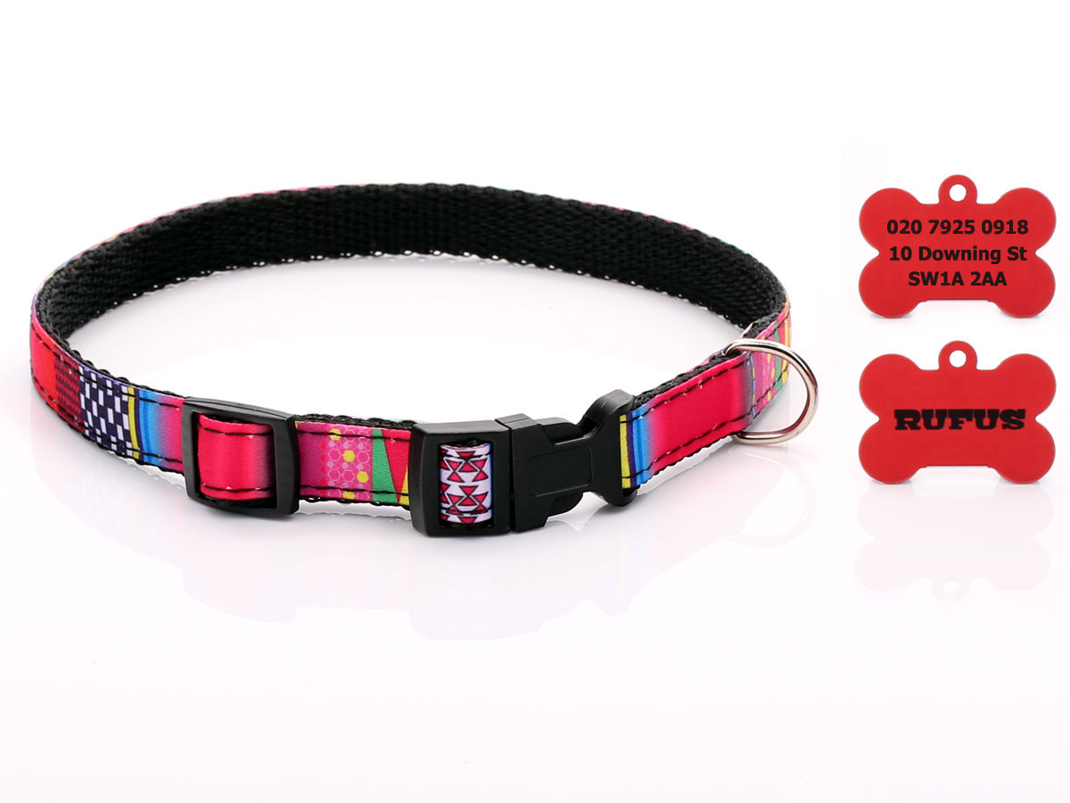 Red & Pink Mosaic Dog Collar with Matching Tag
