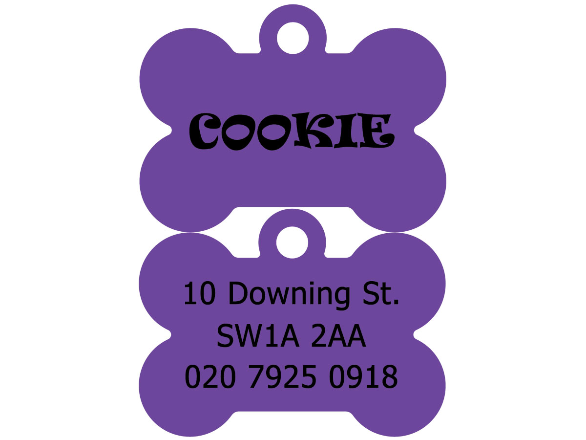 Purple Bone Dog Tag - customised with name, address and telephone